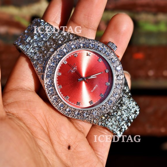 Accessories | Full Iced Out Red Face Dial Mens Luxury Watch | Poshmark